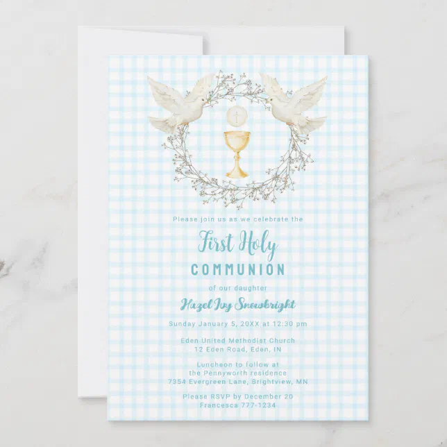 002 Cerulean Dove & Chalice Gingham 1st Communion Invitation | Zazzle