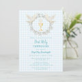 002 Cerulean Dove & Chalice Gingham 1st Communion Invitation | Zazzle