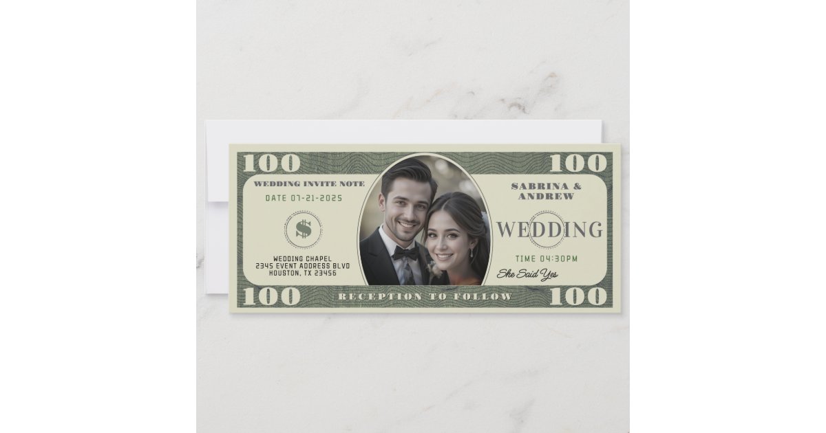 100 Dollar Bill Photo Wedding Invitation | Zazzle