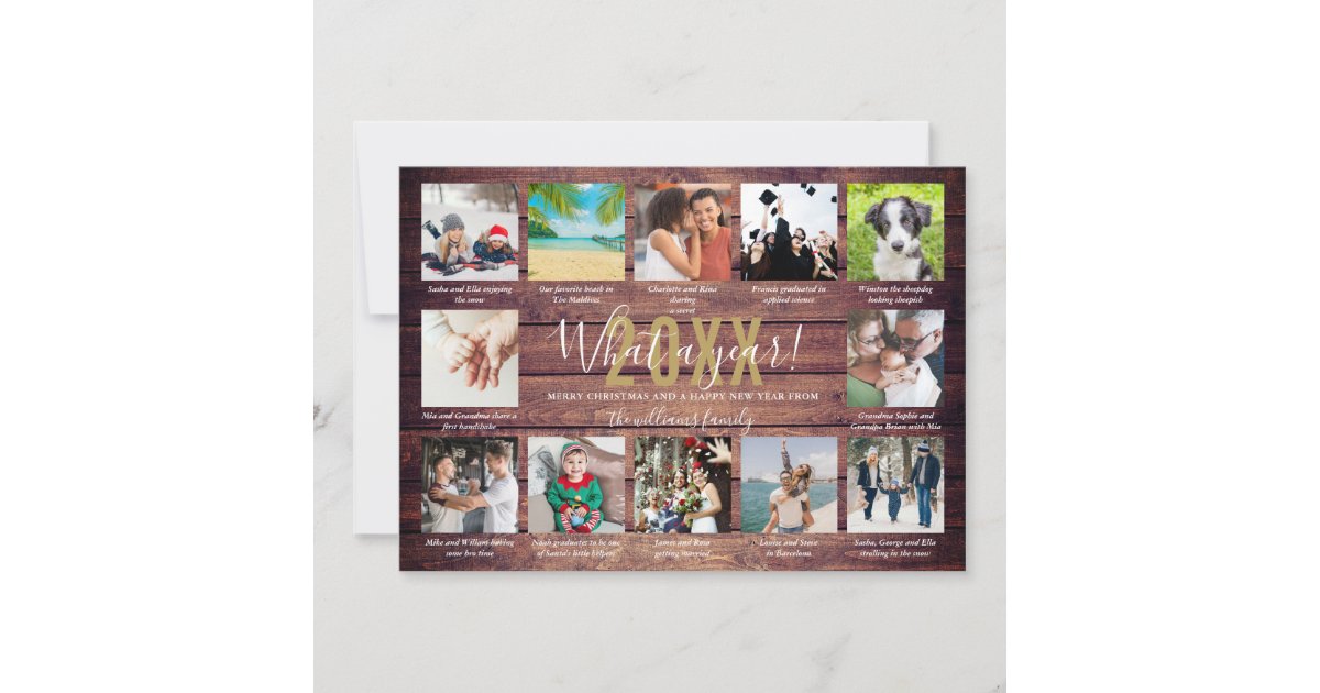 12 Photo Collage Captions What A Year Rustic Wood Holiday Card | Zazzle