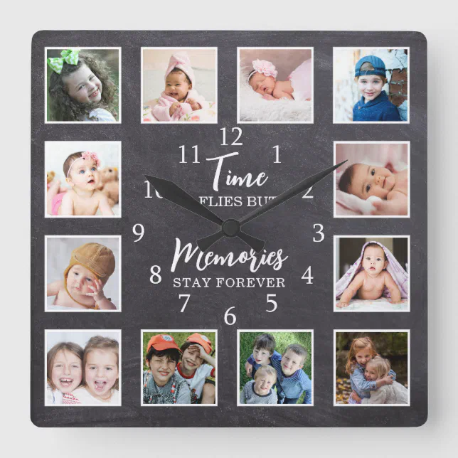 12 Photo Collage Time Flies Quote Chalkboard Square Wall Clock | Zazzle