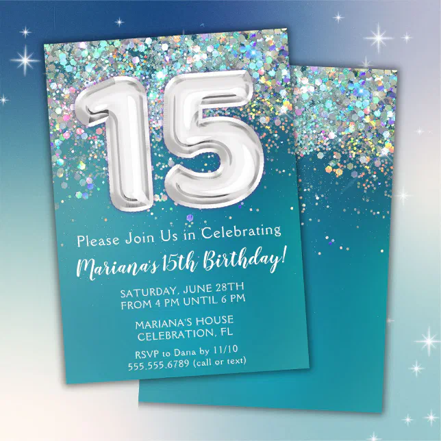 15th Birthday Invitation Teal Silver Glitter | Zazzle