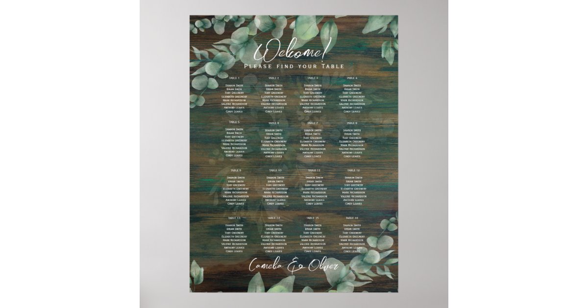 16 Table Rustic Wood Greenery Eucalyptus SEATING Poster | Zazzle