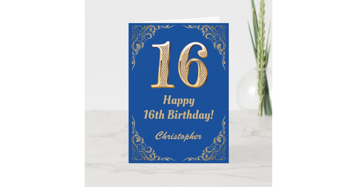 16th Birthday Blue and Gold Glitter Frame Card | Zazzle