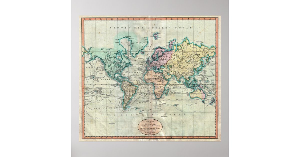 1801 Cary Map of the World on Mercator Projection Poster | Zazzle
