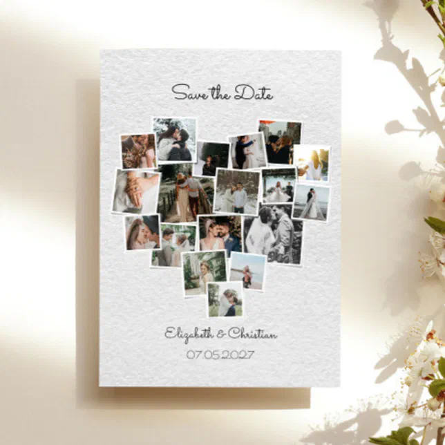 18 Photos Collage Heart Shape Save The Date Invitation | Zazzle