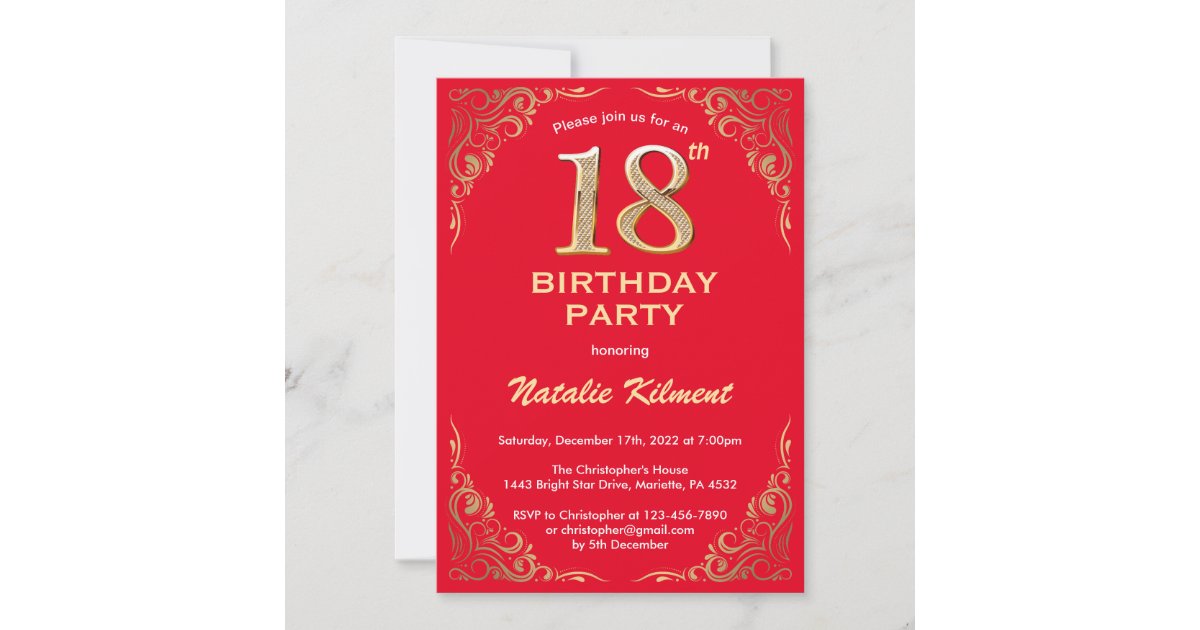 18th Birthday Red and Gold Glitter Frame Invitation | Zazzle