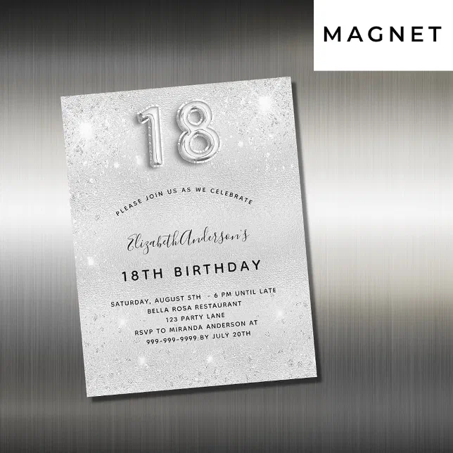18th birthday silver glitter invitation magnet | Zazzle