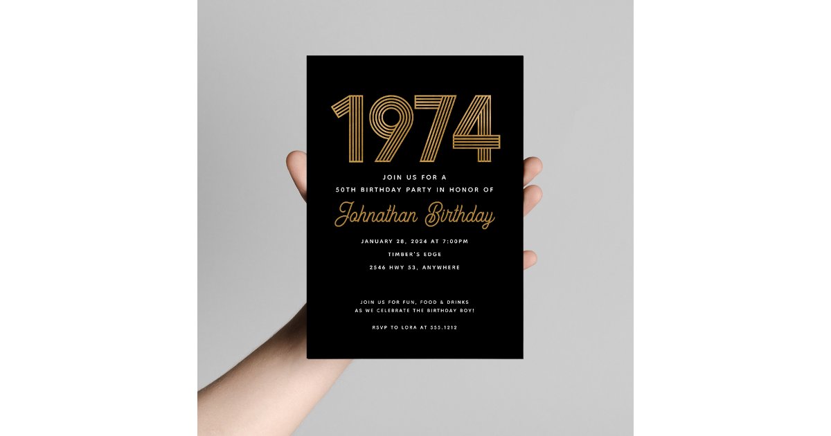1974 White Black Gold 50th Birthday Invitation | Zazzle