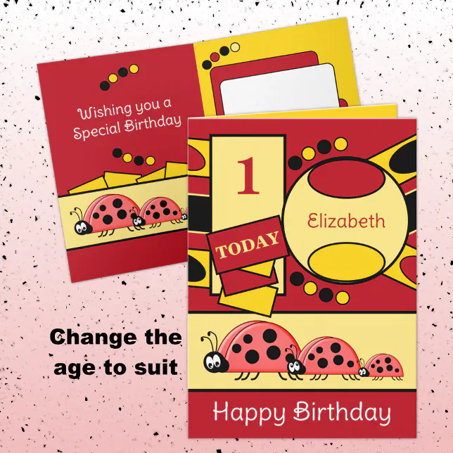 1st birthday add name ladybugs red yellow card | Zazzle