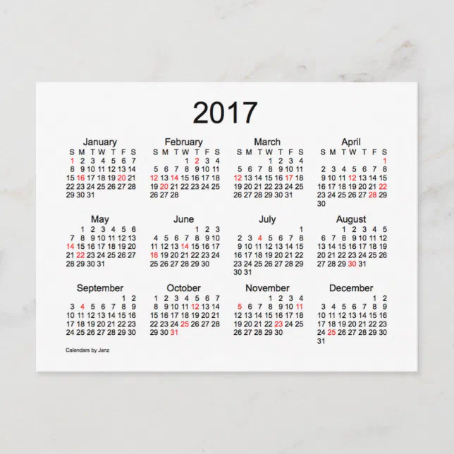 2017 Mini Calendar by Janz with Holidays Postcard | Zazzle