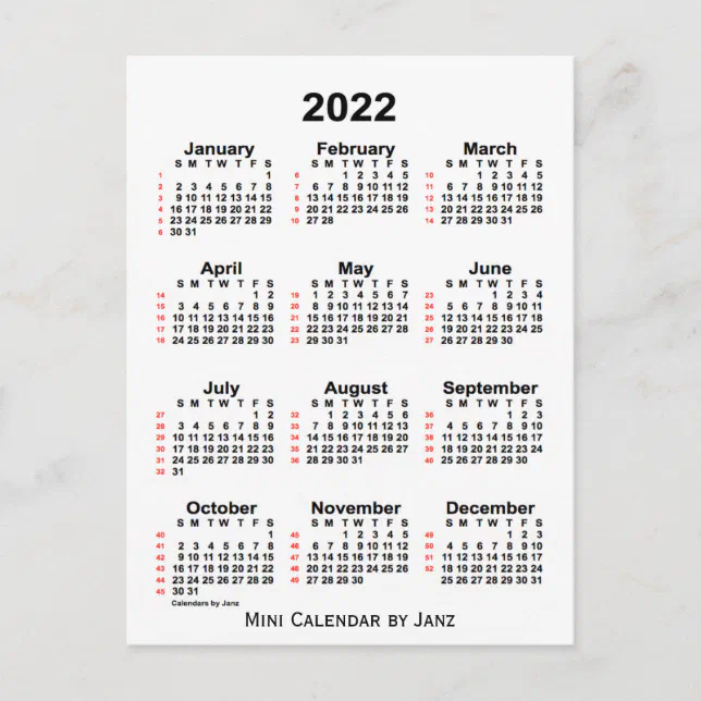 2022 White 52 Week Calendar by Janz Postcard | Zazzle