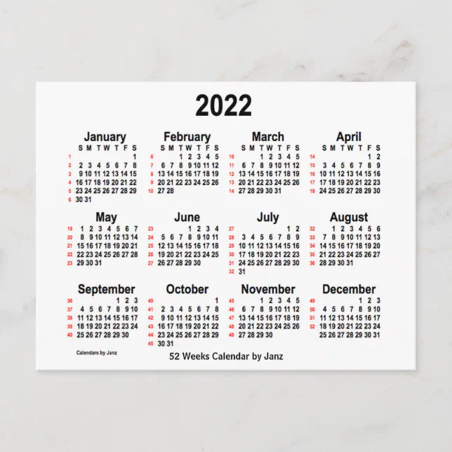 2022 White 52 Weeks Calendar by Janz Postcard | Zazzle