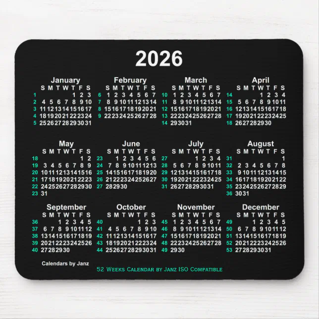 2026 Neon White 52 Weeks ISO Calendar by Janz Mouse Pad | Zazzle