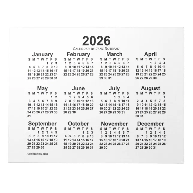 2026 White Calendar by Janz 11x8.5 Notepad | Zazzle