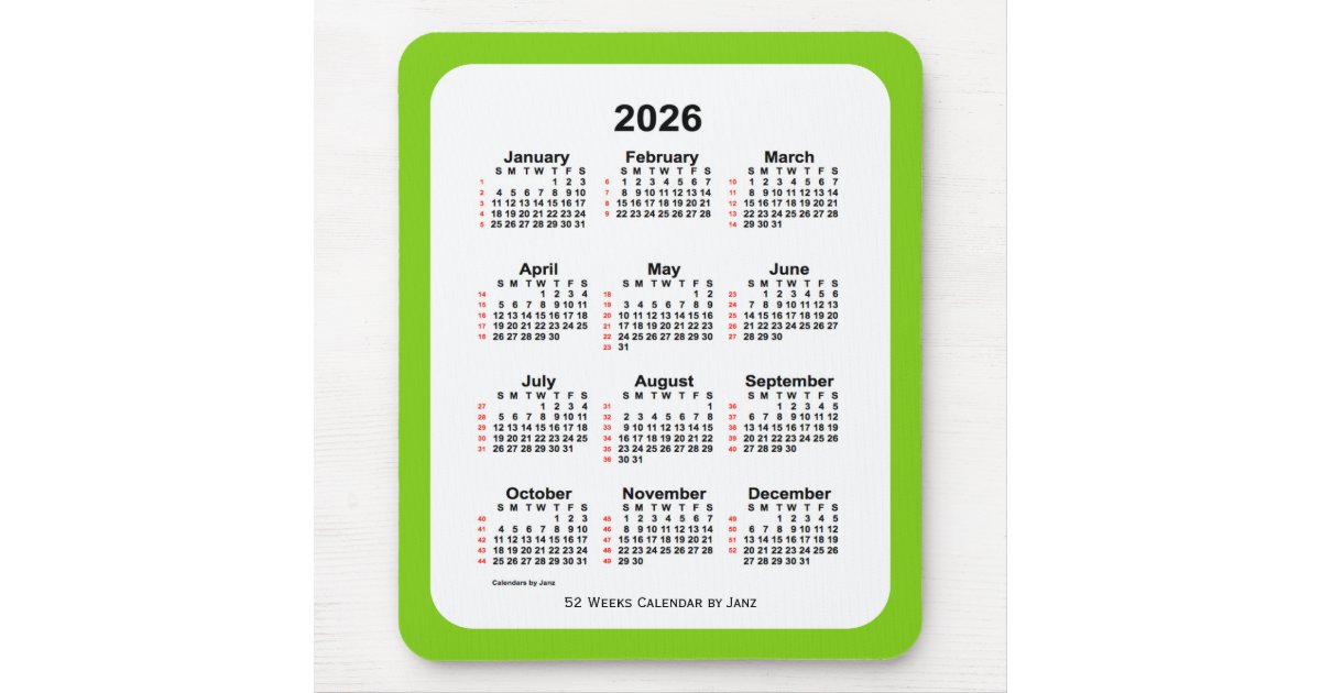 2026 Yellow Green 52 Week Calendar by Janz Mouse Pad | Zazzle