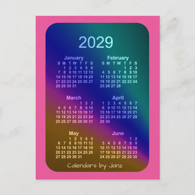2029 Aurora Pink 6 Month Mini Calendar by Janz Postcard | Zazzle