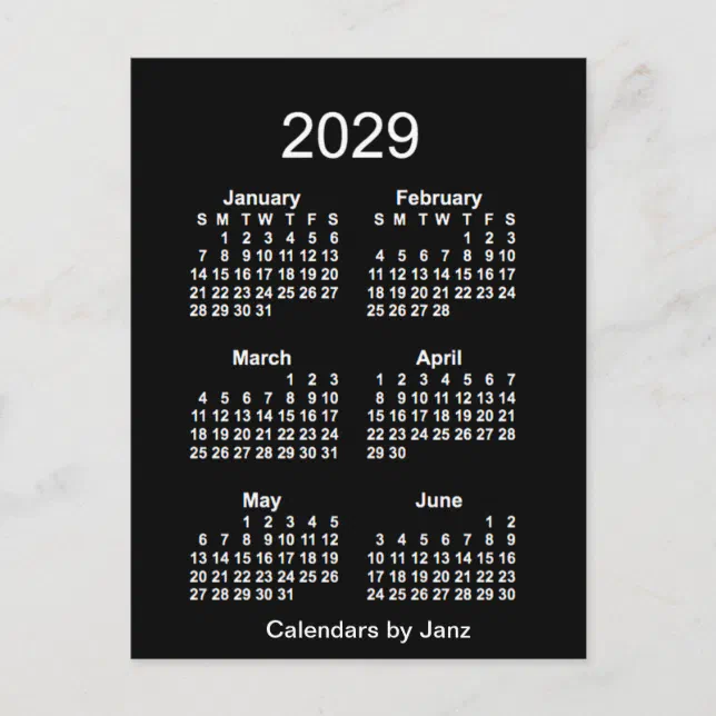 2029 Neon White 6 Month Mini Calendar by Janz Postcard | Zazzle
