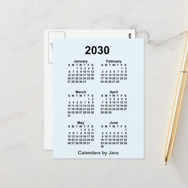 2030 Alice Blue 6 Month Mini Calendar by Janz Postcard | Zazzle