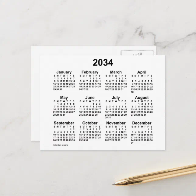 2034 White Mini Calendar by Janz Postcard | Zazzle