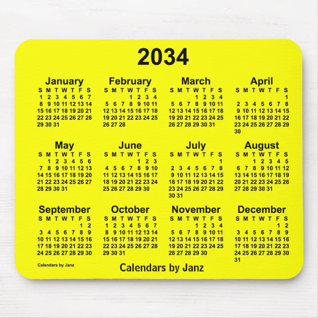 2034 Yellow Calendar by Janz Mouse Pad | Zazzle