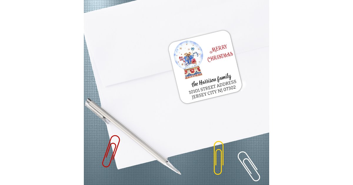 20 Snow Globe Return Address Blue Red Christmas Square Sticker | Zazzle