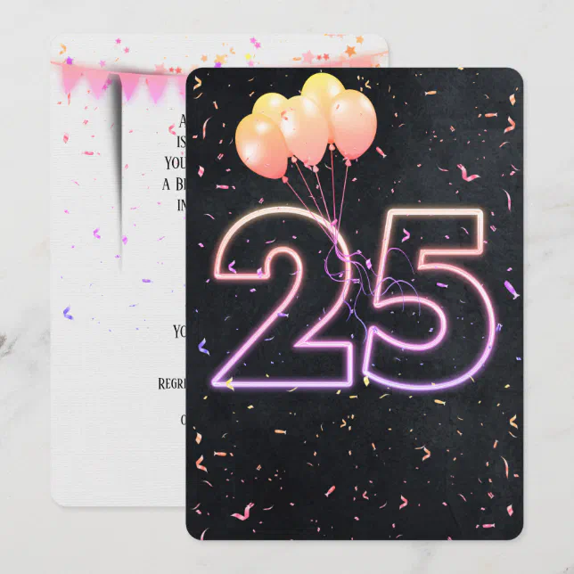 25th Birthday Neon Sign On Black Invitation | Zazzle