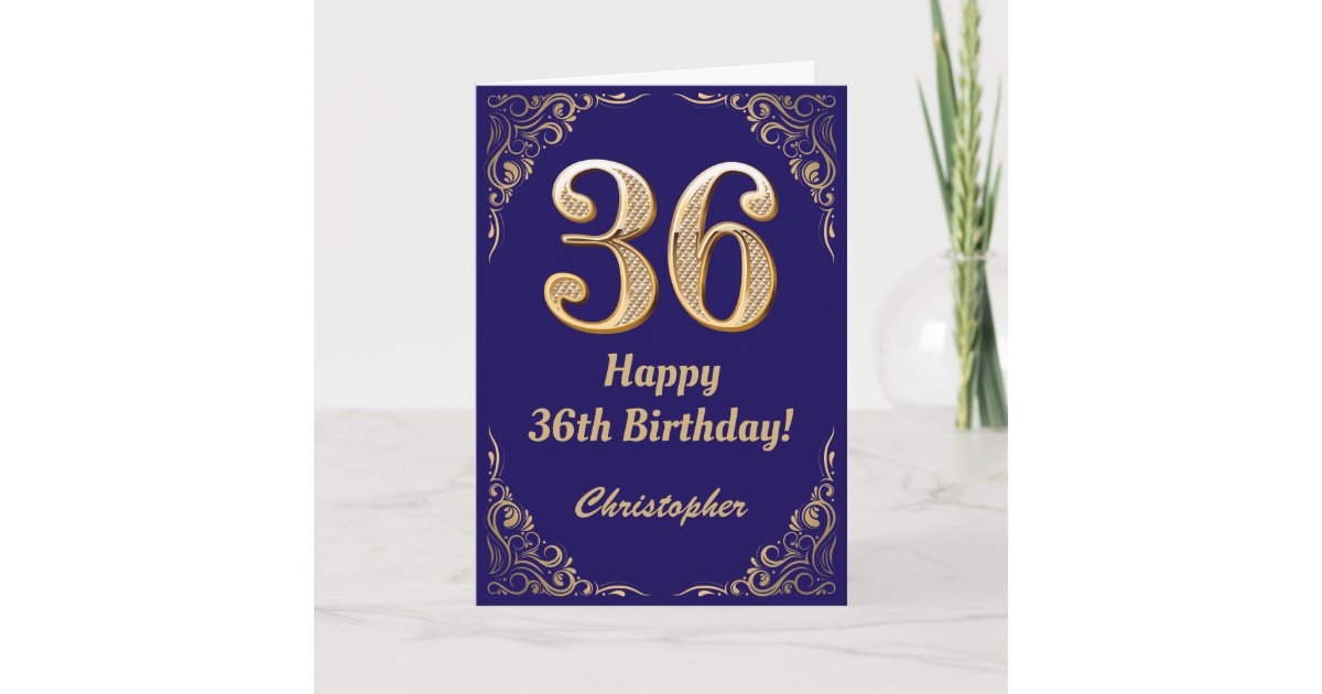 36th Birthday Navy Blue and Gold Glitter Frame Card | Zazzle