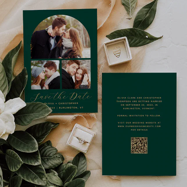 3-Photo Collage Arch Emerald Green Gold QR Code Save The Date | Zazzle