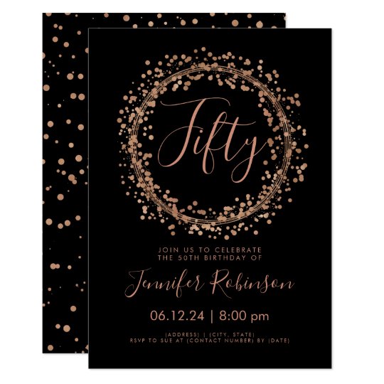50th Birthday Party Rose Gold Black Confetti Invitation | Zazzle.com.au
