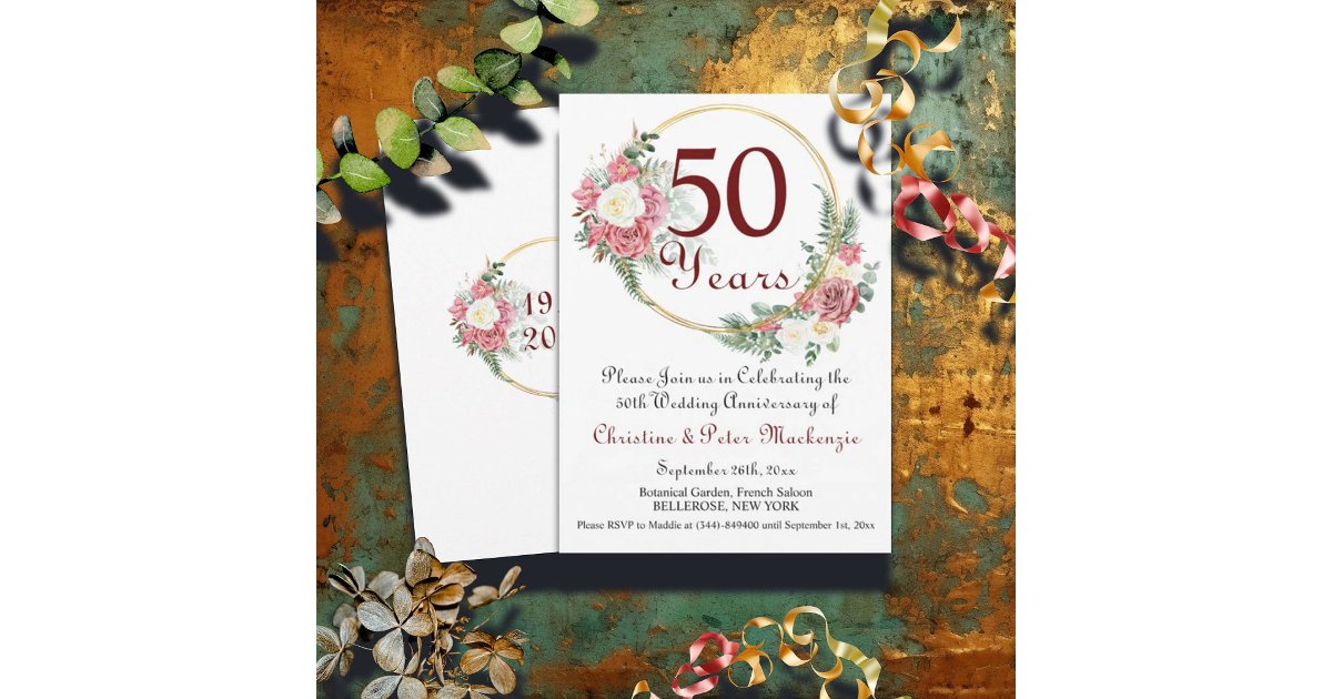 50th Gold Wedding Anniversary Roses Gold Frame Invitation | Zazzle