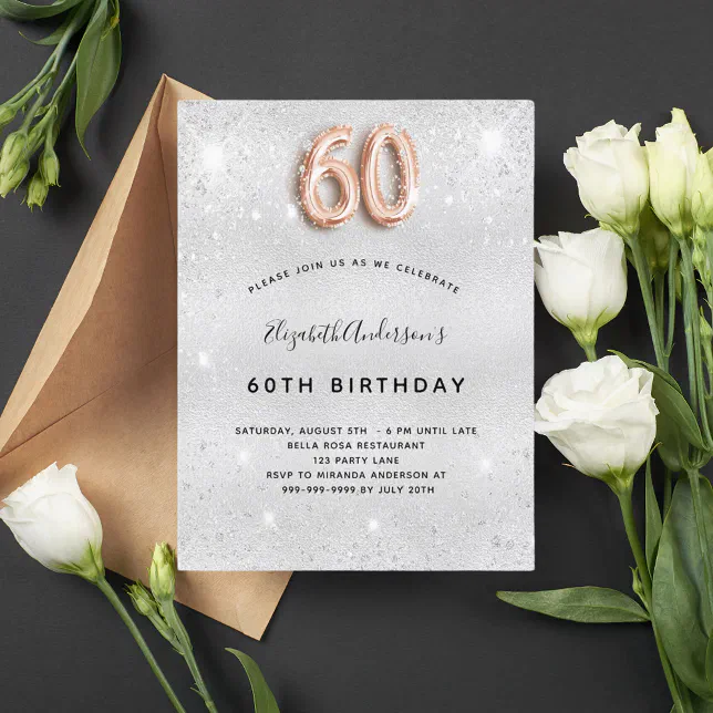 60th birthday silver rose gold glitter invitation postcard | Zazzle