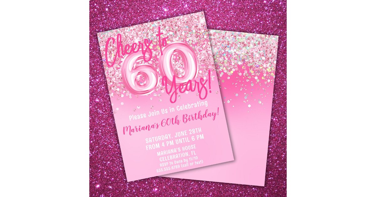 60th Pink Glitter Birthday Party Invitation | Zazzle