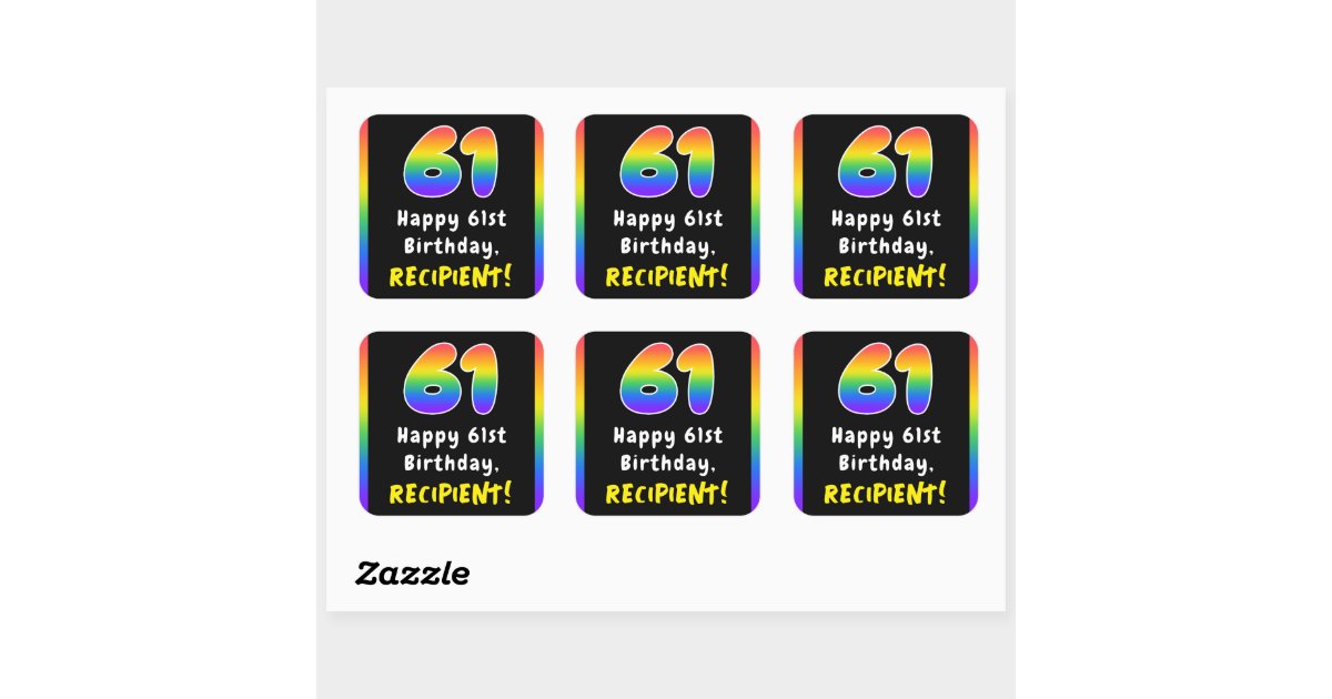 61st Birthday: Rainbow Spectrum # 61, Custom Name Square Sticker | Zazzle