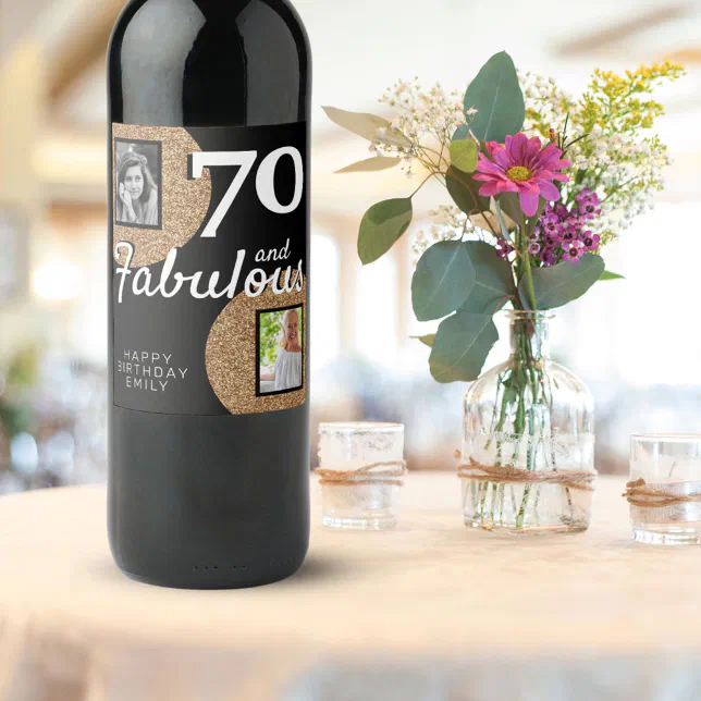 70 and Fabulous Gold Glitter 2 Photo 70th Birthday Wine Label | Zazzle