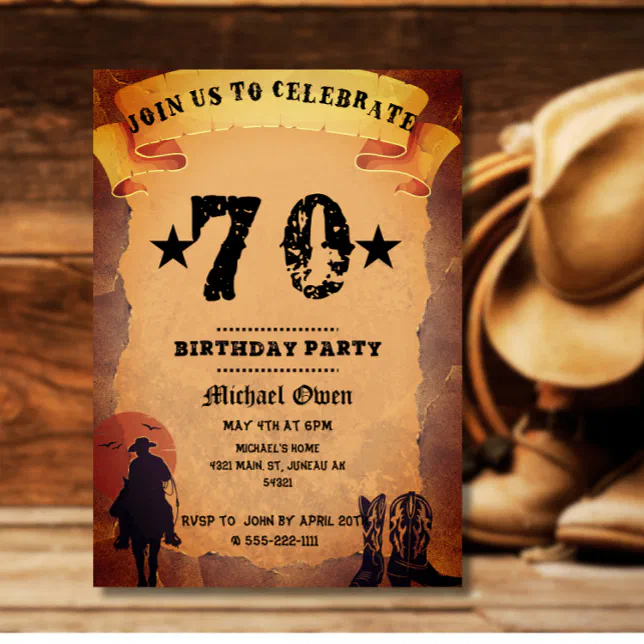 70th birthday cowboy old paper horse riding party invitation | Zazzle
