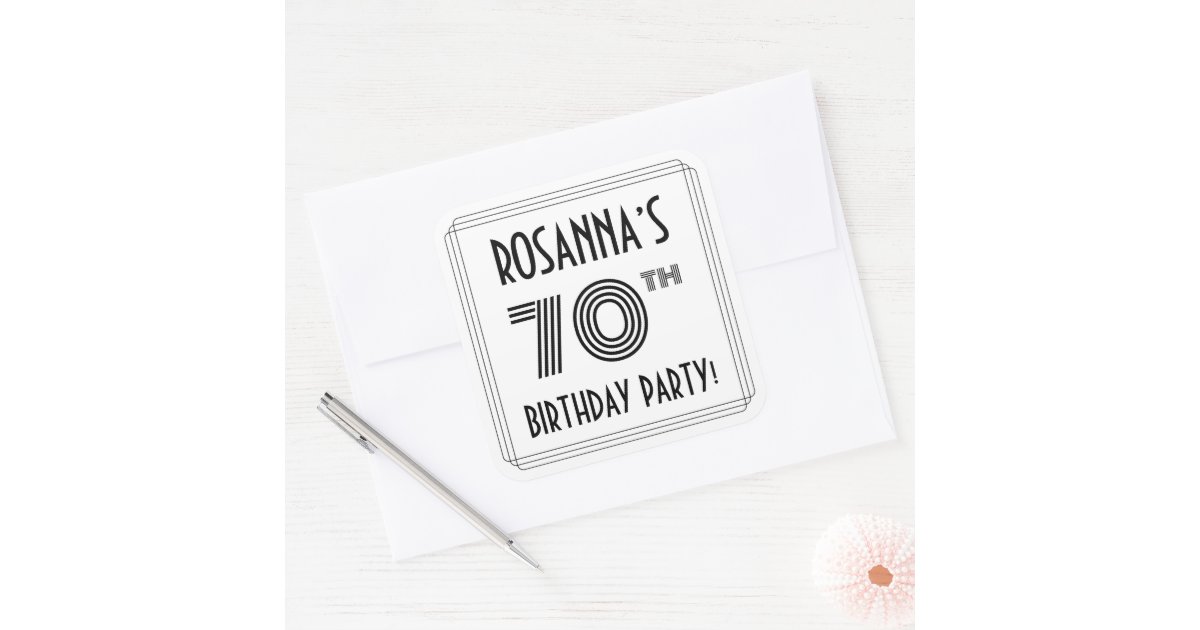 70th Birthday Party: Art Deco Style + Custom Name Square Sticker | Zazzle