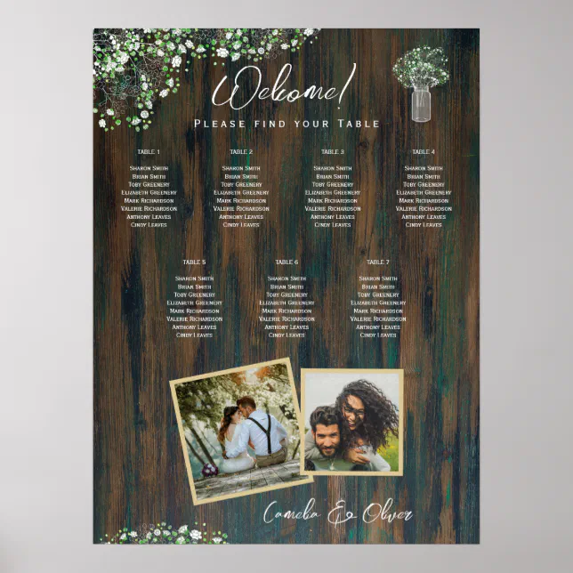 7 Table Rustic Wood Gypsophila PHOTO SEATING Poster | Zazzle