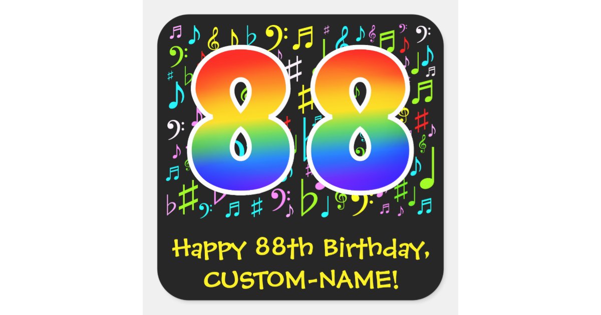 88th Birthday: Colourful Music Symbols, Rainbow 88 Square Sticker | Zazzle