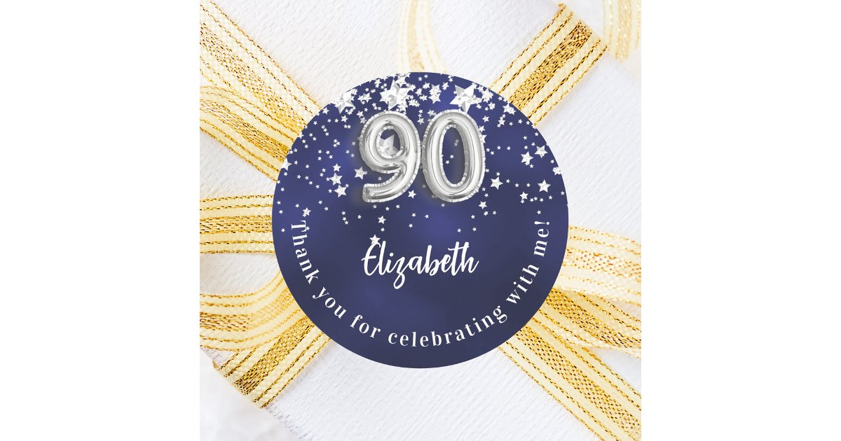 90th birthday navy blue silver stars classic round sticker | Zazzle