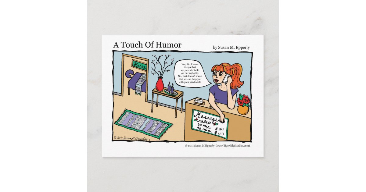 "A Touch of Humour" Reiki Energy Work Massage Comi Postcard | Zazzle