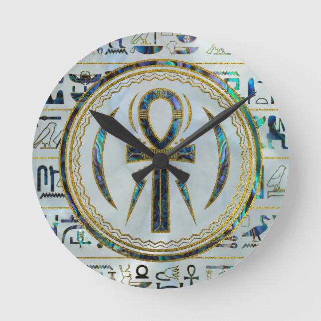 Abalone Shell Egyptian Ankh Cross symbol Round Clock | Zazzle