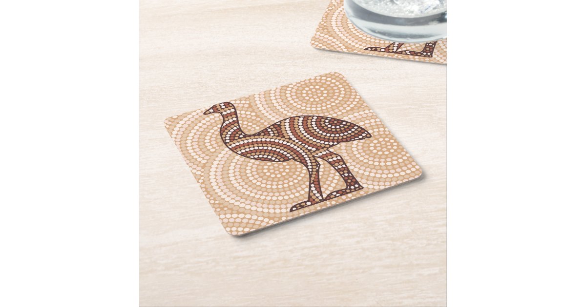 Aboriginal emu dot painting square paper coaster | Zazzle