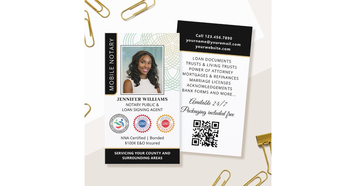 Accreditation Notary Public Photo QR Code Black Business Card | Zazzle
