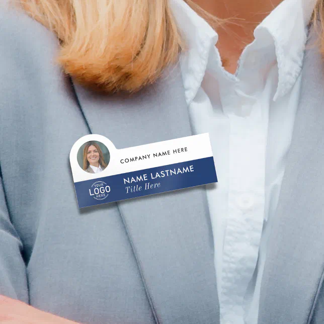 Add Logo Photo Modern Navy Blue White Business Name Tag | Zazzle