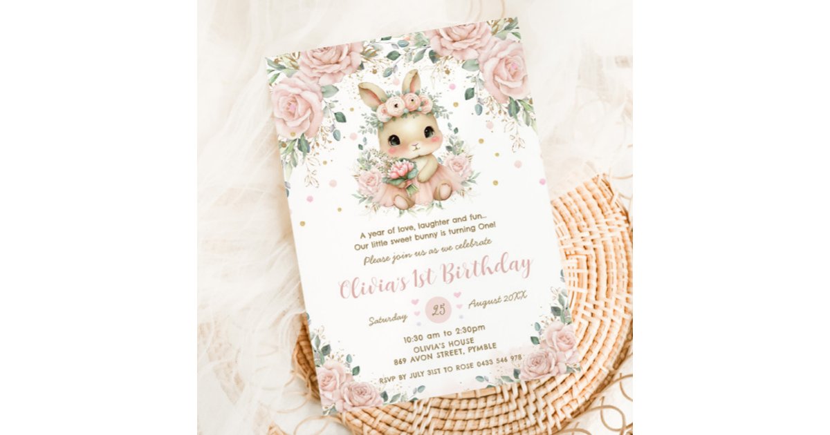 Adorable Baby Bunny Rabbit Blush 1st 2nd Birthday Invitation | Zazzle
