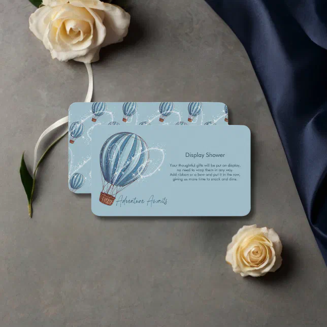 Adventure Awaits Blue Hot Air Balloon Baby Shower Enclosure Card | Zazzle