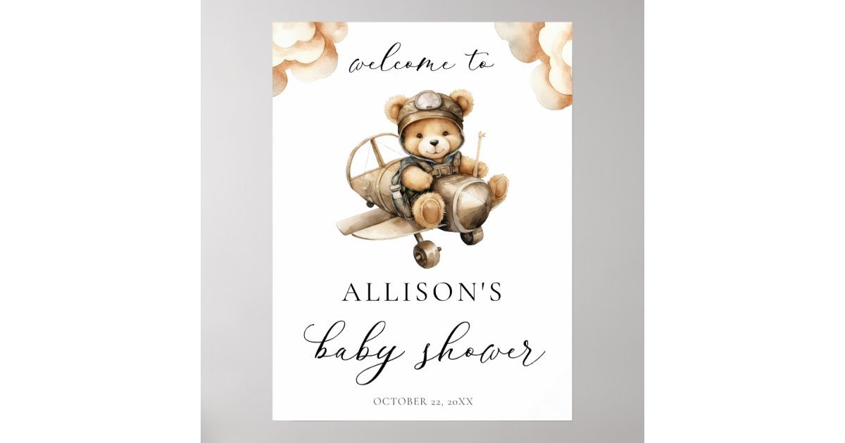 Aeroplane teddy bear baby shower welcome sign | Zazzle
