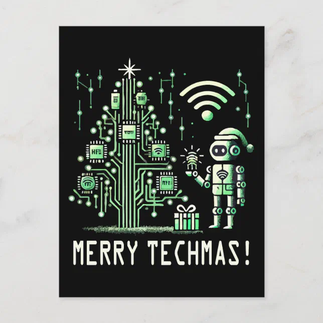 AI Robot with Tech Christmas Tree – Merry Techmas Postcard | Zazzle