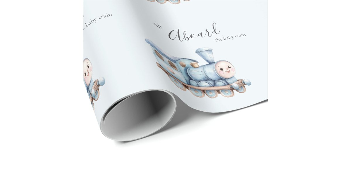 All Aboard the Baby Train Blue Boy Baby Shower Wrapping Paper | Zazzle